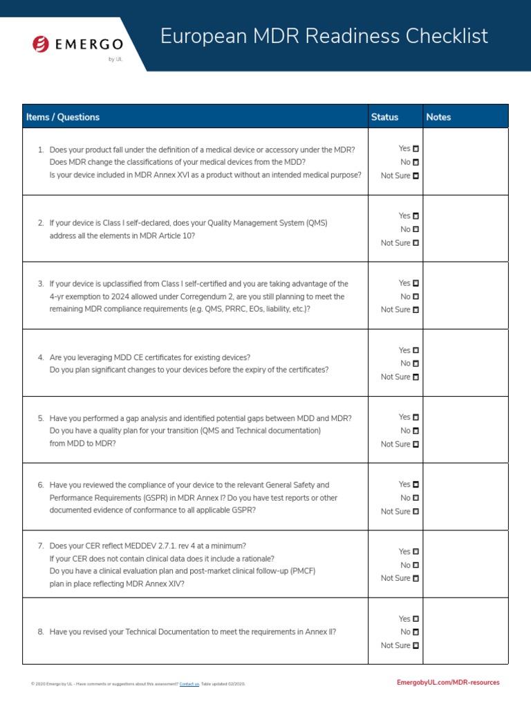European MDR Readiness Checklist Fillable | PDF | Quality Management ...