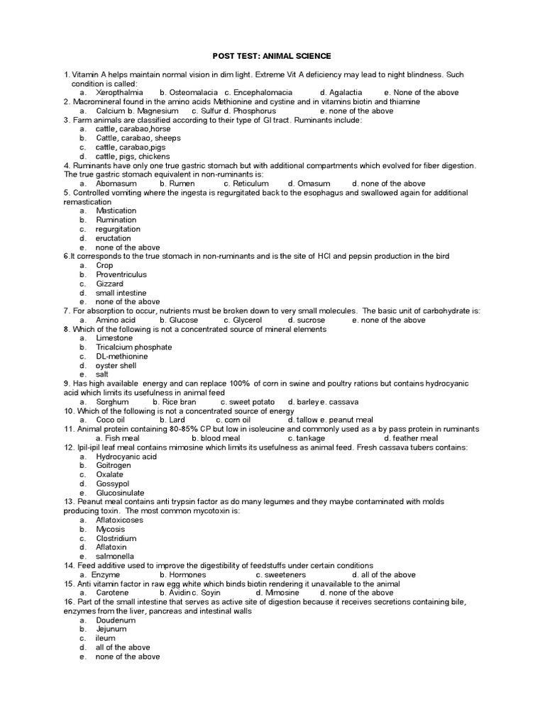 Animal Science Post Test Review | PDF | Digestion | Ruminant