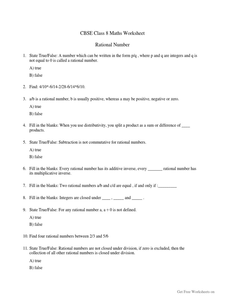 Rational Number CBSE Class 8 Worksheet PDF | PDF | Integer | Rational ...