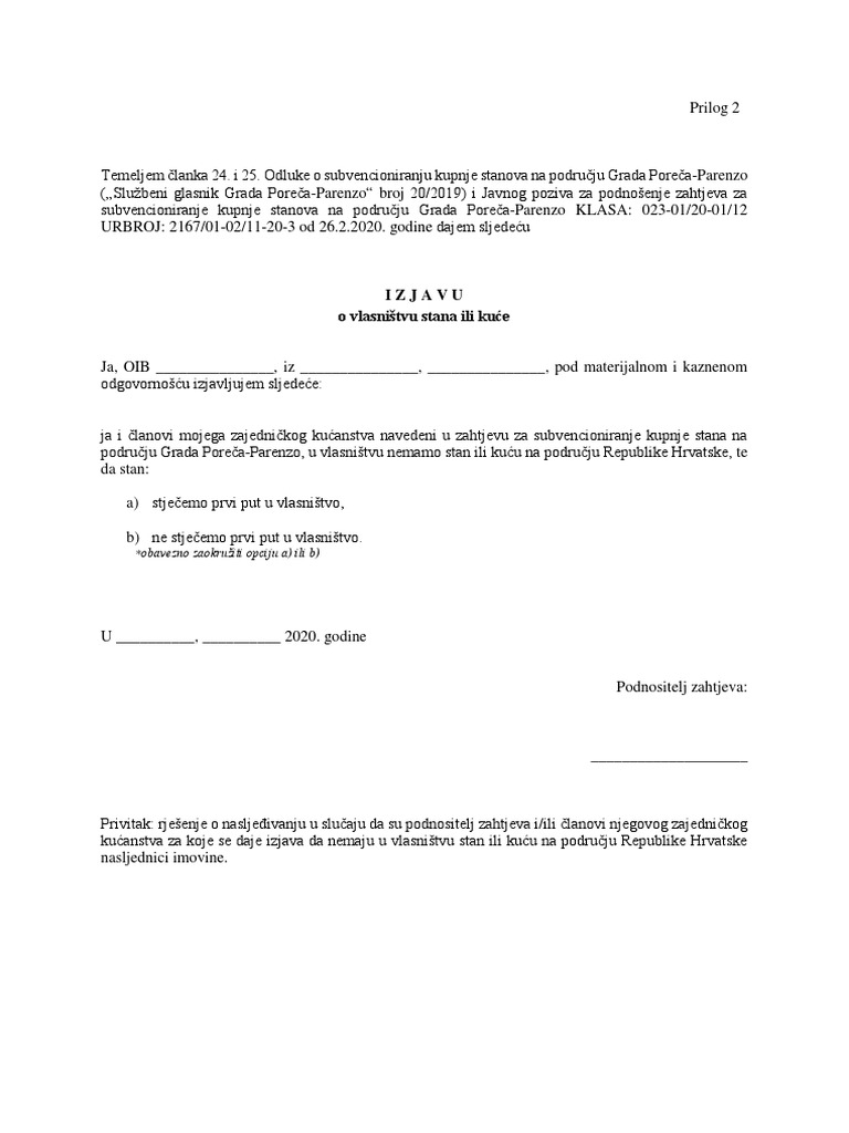 Prilog 2 - Izjava o Vlasništvu Stana Ili Kuće Za Osobe Koje Nemaju U Vlasništvu Stan Ili Kuću | PDF