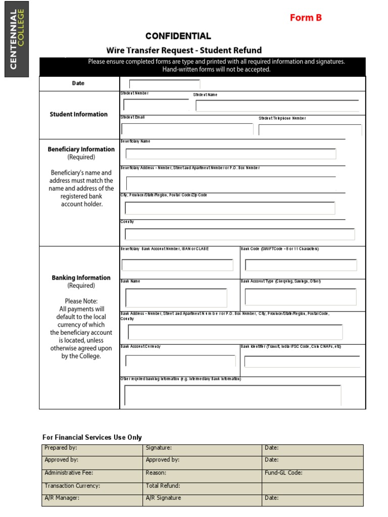 Form B Centennial College Student Wire Transfer | PDF | Financial ...