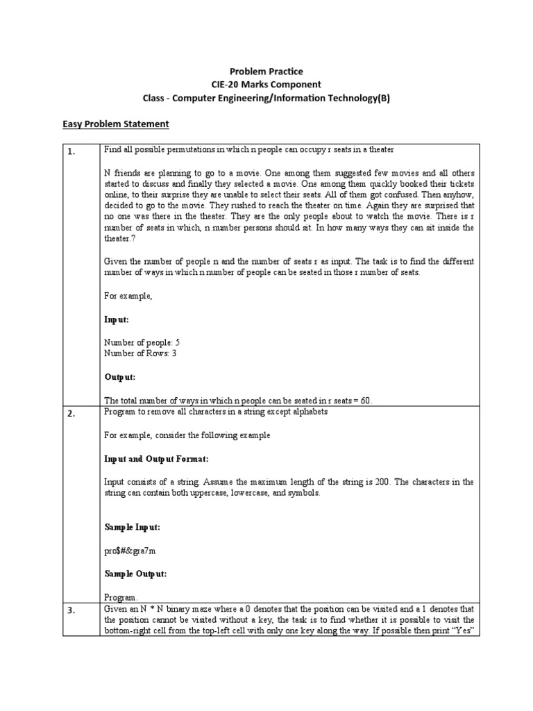 Problem Statement CIE 20 Marks Class CE B IT B | PDF | String (Computer Science) | Permutation