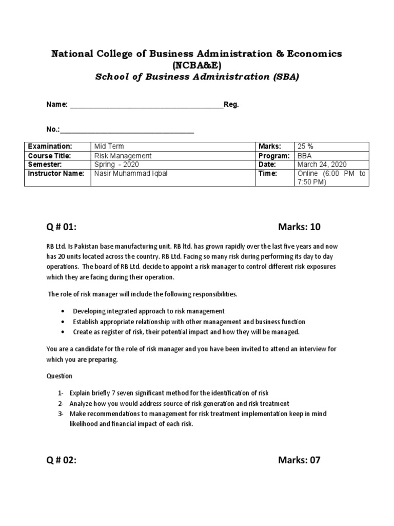 Mid Term Paper Risk Managment | PDF | Risk | Risk Management