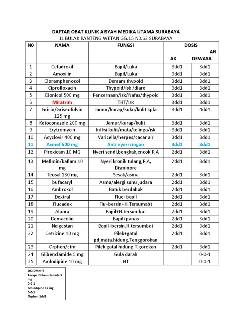 Daftar Obat Klinik Aisyah Medika Utama Surabaya | PDF