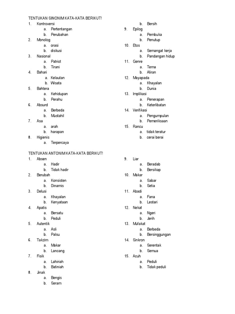 Latihan Sinonim Antonim | PDF
