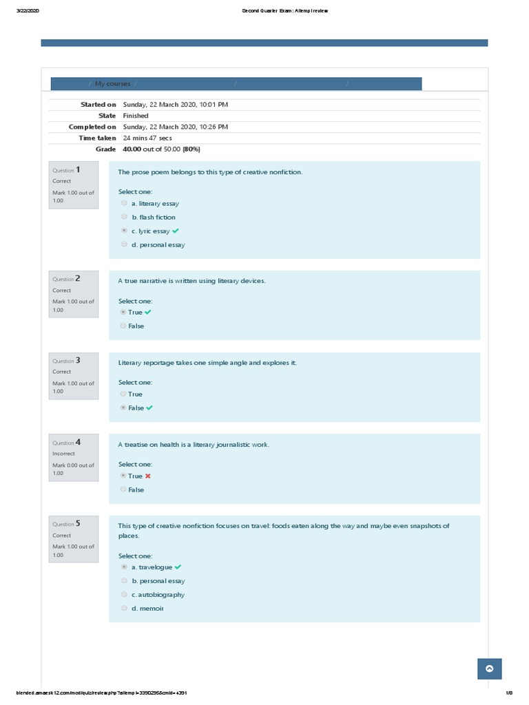 Creative Nonfiction Second Quarter Exam - Attempt Review PDF | PDF ...