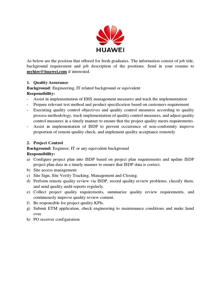 Job Openings for Fresh Graduates at Huawei | PDF | Internal Control ...