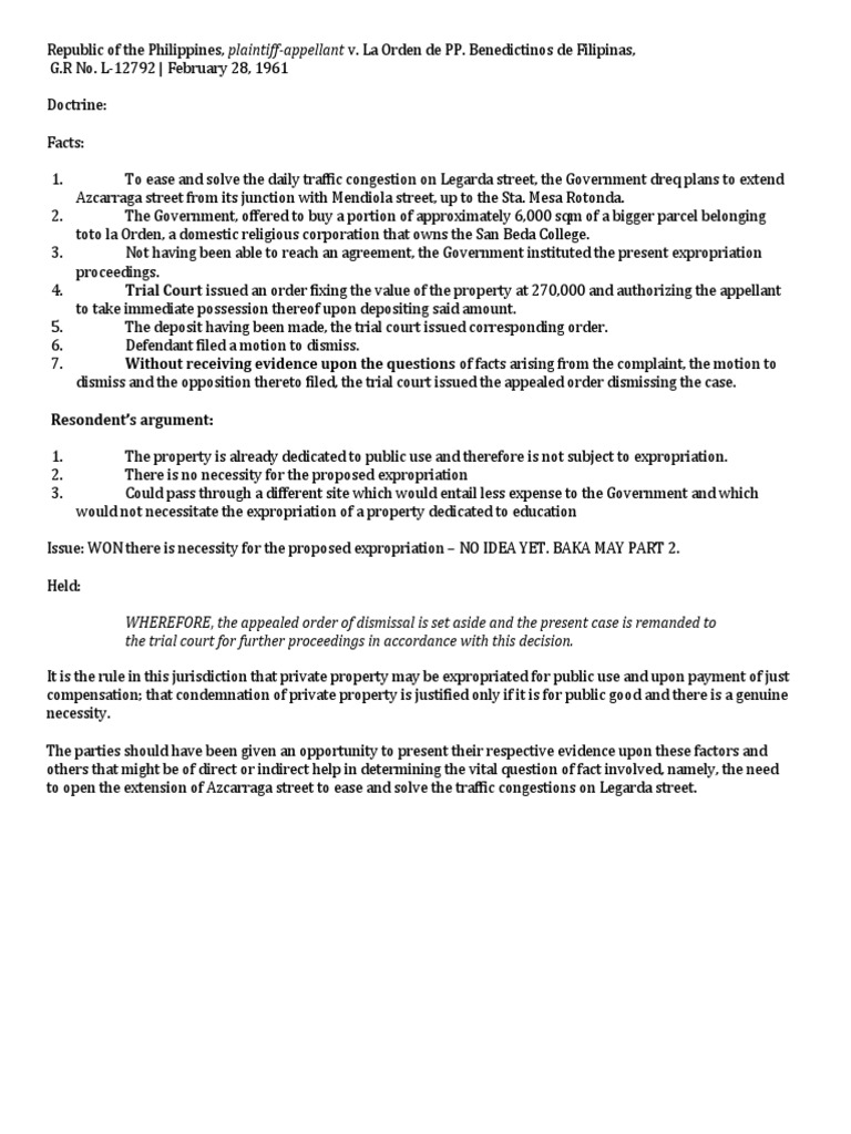 Expropriation Case: Philippines v. La Orden | PDF | Law