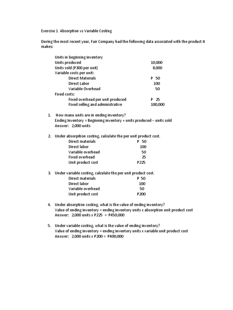Exercise 1 Absorption Vs Variable Costing | PDF