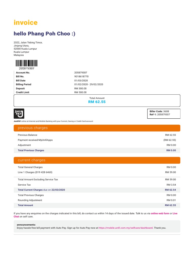 Unifi Bill Summary for Account 205879307 | PDF | Payments | Debit Card