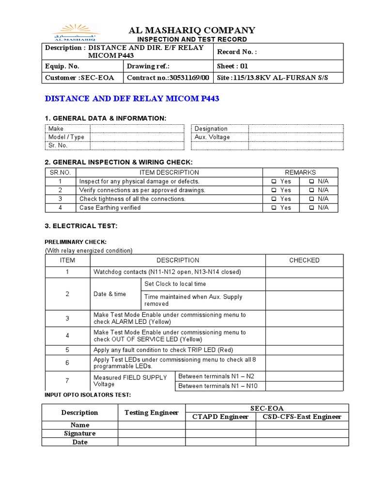 Check List of P443 | PDF | Relay | Voltage