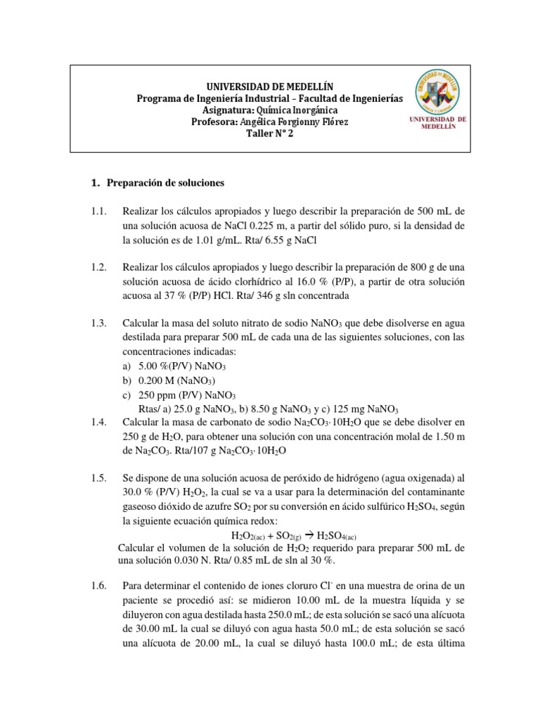 Taller Preparación de Soluciones | PDF | Ácido clorhídrico | Concentración
