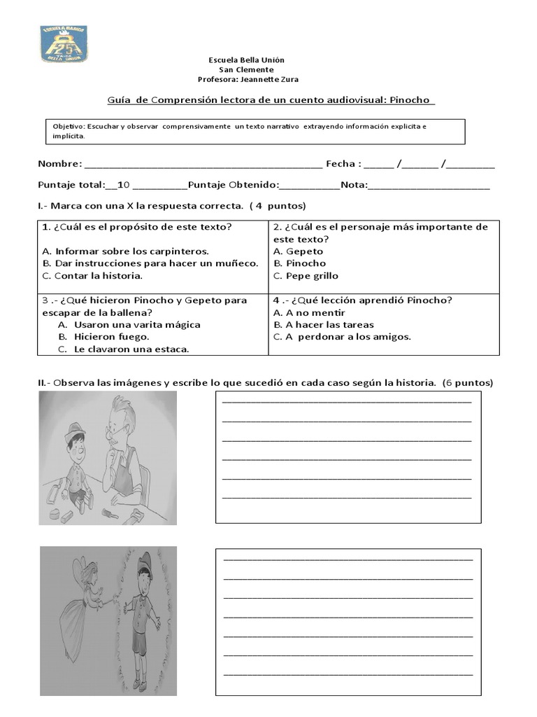 Prueba de Comprension Lectora Pinocho | PDF
