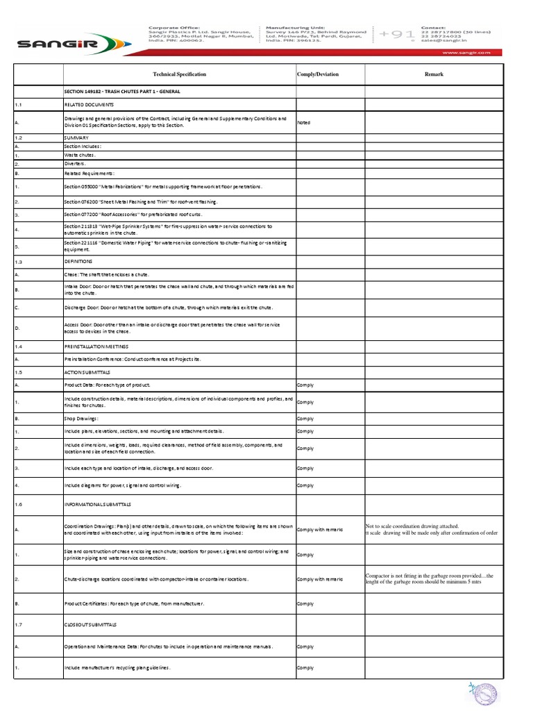 Trash Chute-Compliance Sheet Sangir) | PDF | Door | Fire Sprinkler System