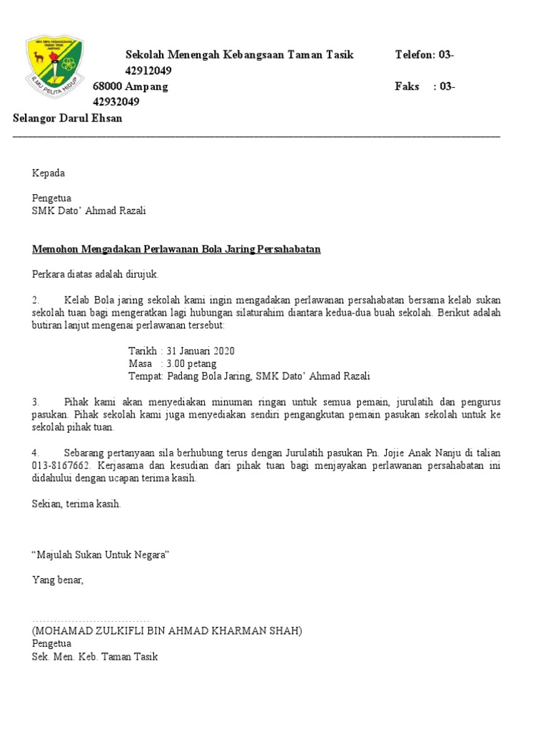 Contoh Surat Jemputan Friendly Netball | PDF