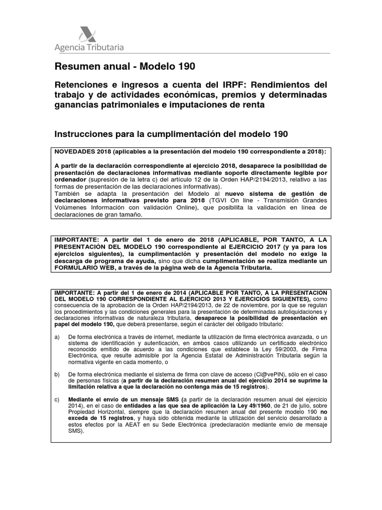 Resumen Anual Modelo 190 AEAT | PDF | Impuestos | Telefonía móvil