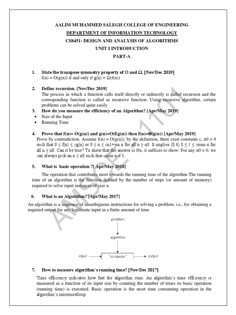 CS8451 DESIGN AND ANALYSIS OF ALGORITHMS QUESTION BANK - Watermark PDF ...