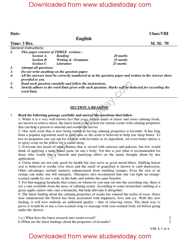 CBSE Class 8 English Question Paper Set B | PDF | Orange (Fruit) | Odor