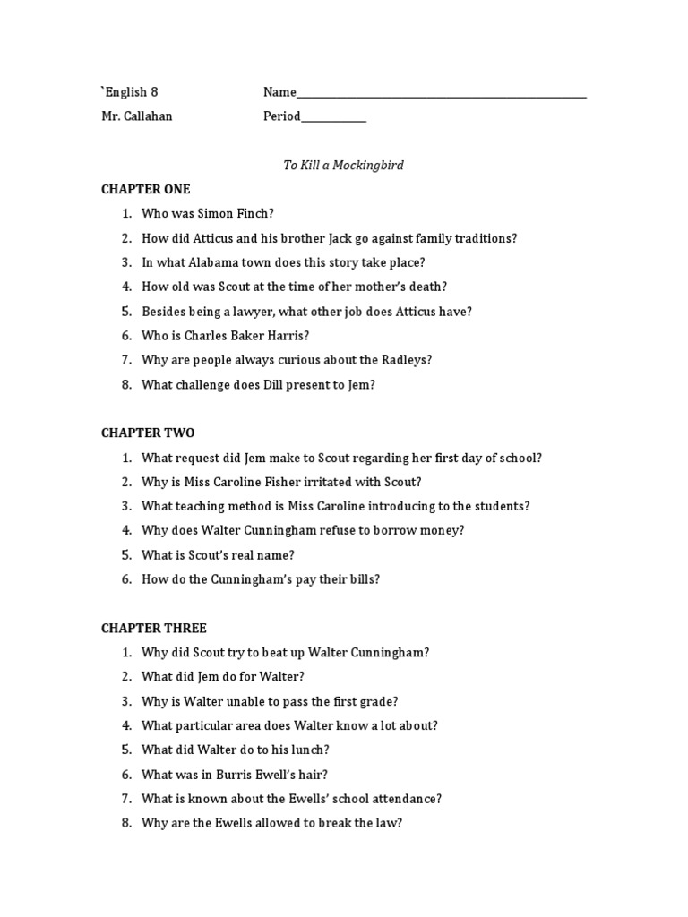 TKAM Study Guide Chpts 1-11 2020 | PDF | To Kill A Mockingbird