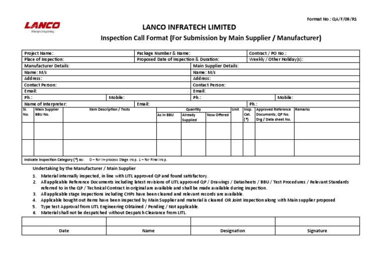 27 QA-F-09 R1 Inspection Call Format | PDF | Business