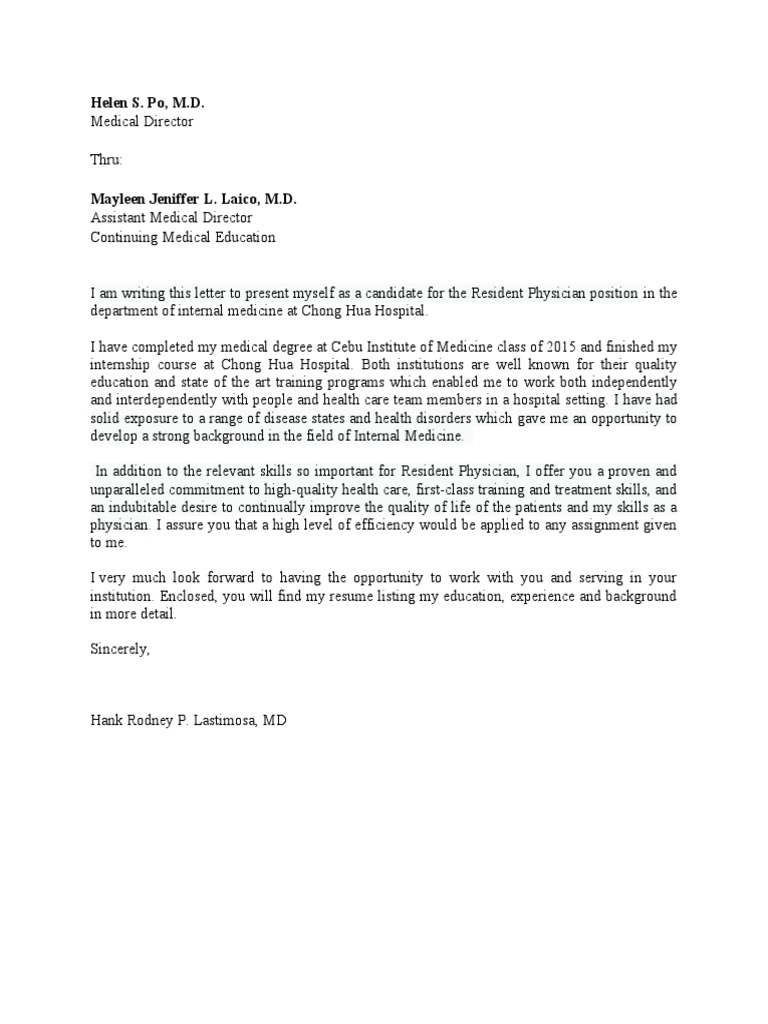 Cover Letter Medical Residency Applying To Residency In Internal