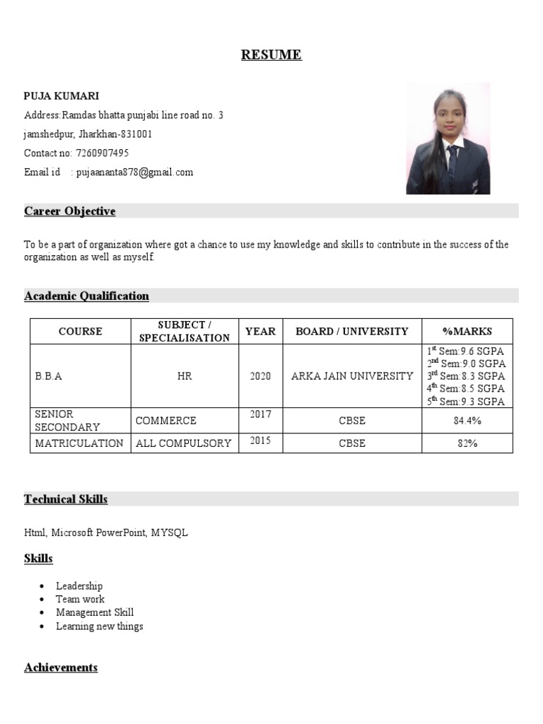 Puja Resume | PDF | Behavior Modification | Cognition
