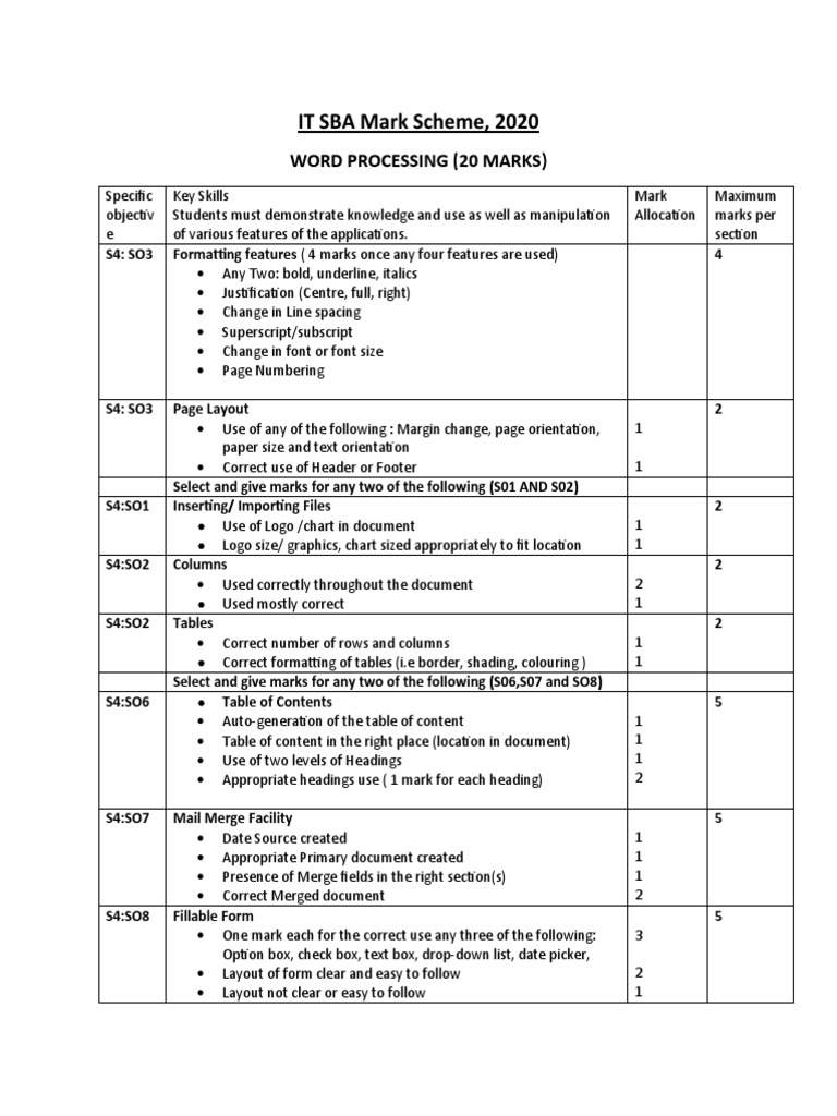 IT SBA Mark Scheme 2020 | Download Free PDF | Spreadsheet | Control Flow