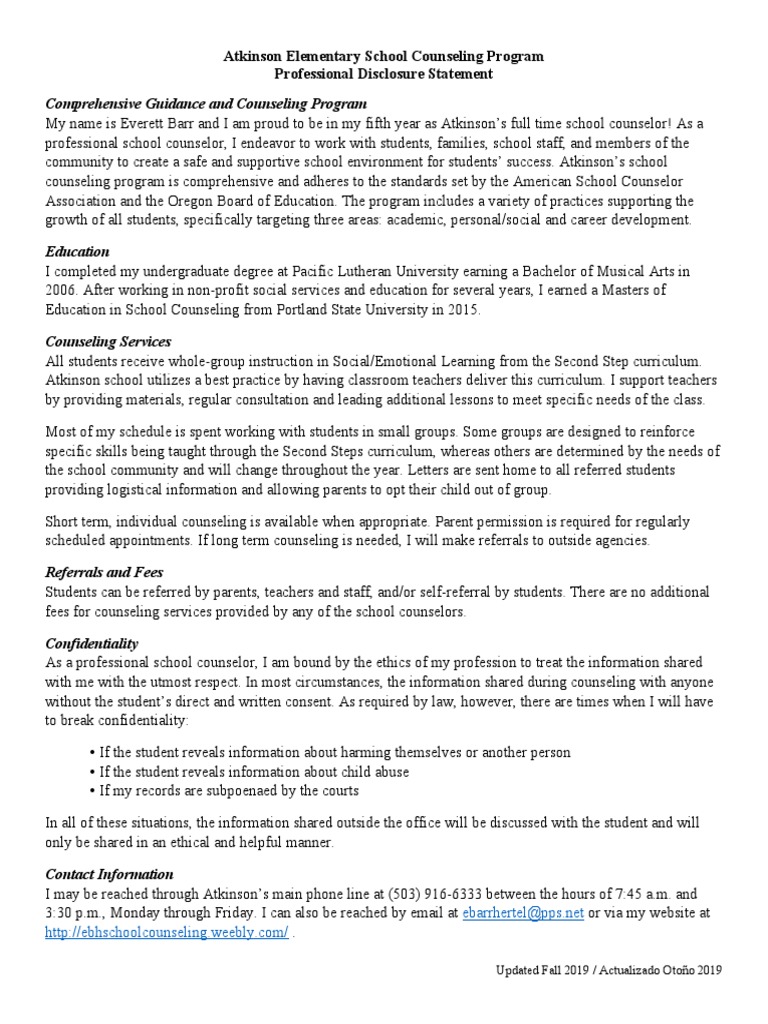Professional Disclosure Statement 2019-2020 | PDF | School Counselor | Curriculum