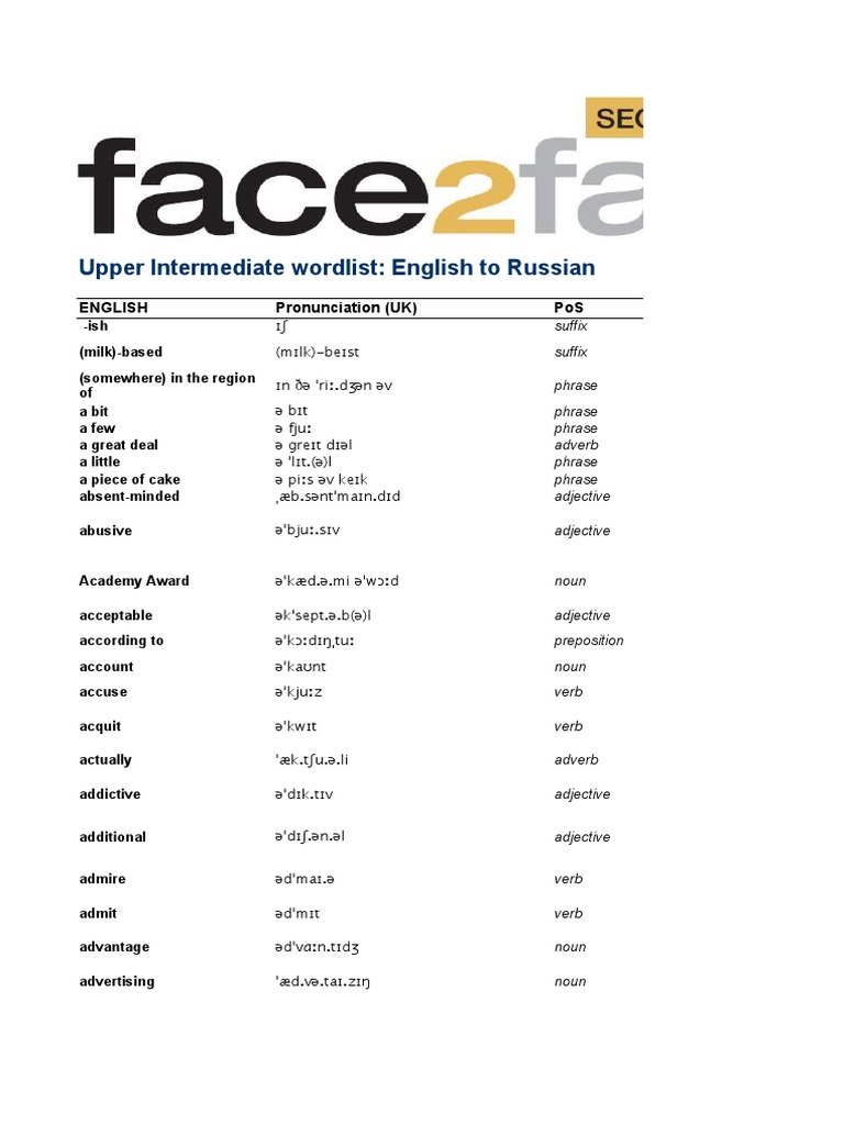 Face2face2 Upper Intermediate Russian Word List | PDF | Verb | Adjective