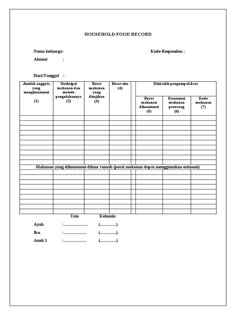 Formulir - Household Food Record | PDF