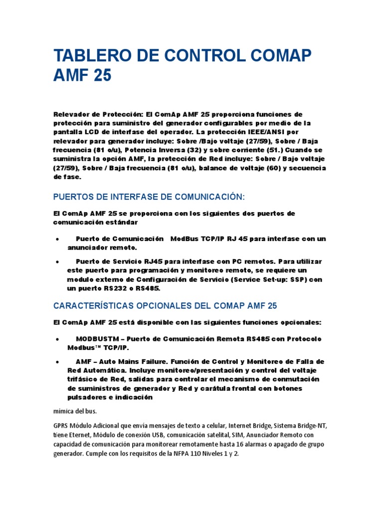 Tablero de Control Comap Amf 25 | PDF