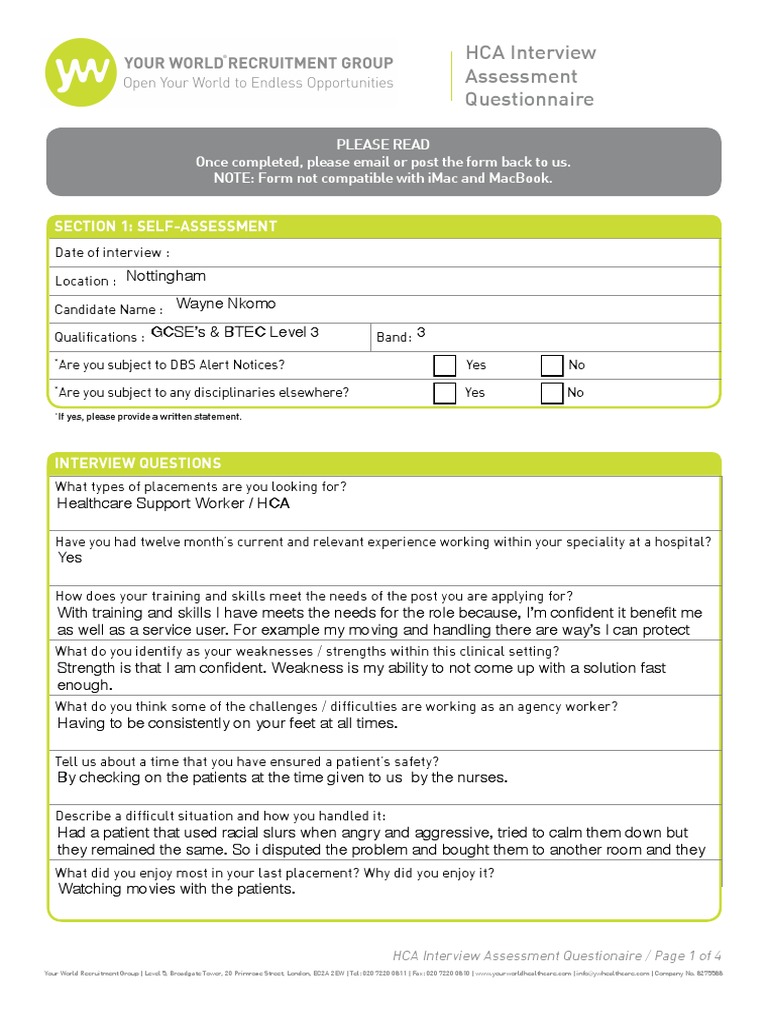 Interview Form HCA | PDF | Patient | Health Care