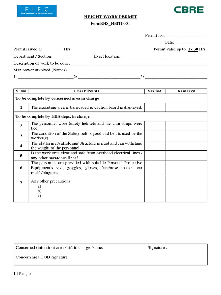Height Work Permit Template | PDF | Safety | Equipment