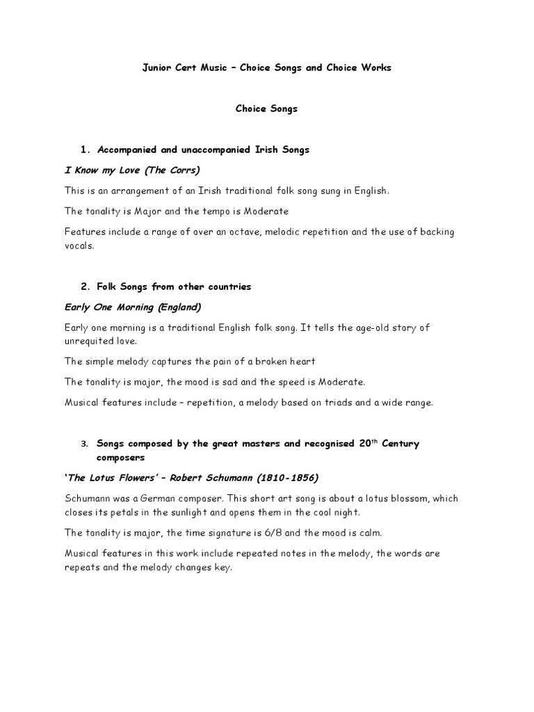 Junior Cert Music - Choice Works and Songs | PDF | Songs | Dances