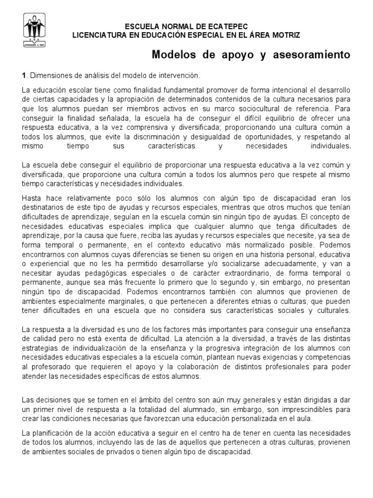 Modelos de Apoyo y Asesoramiento | PDF | Aprendizaje | Educación especial