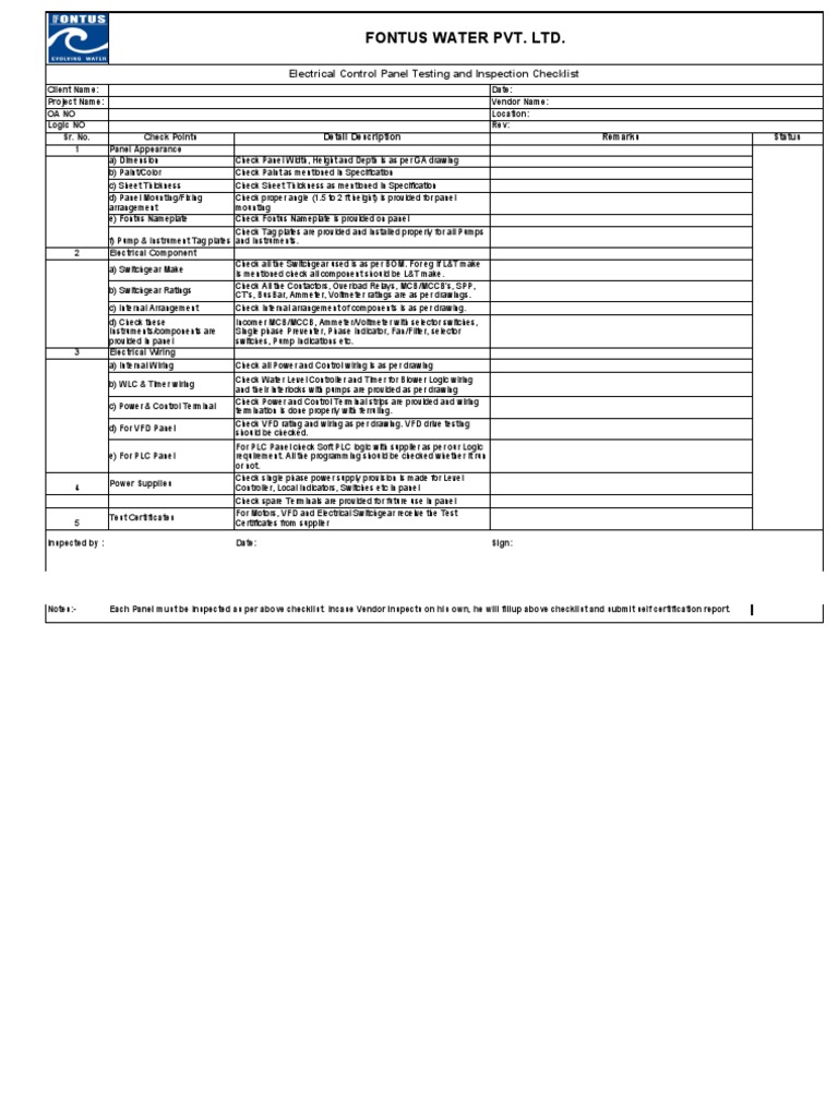 Electrical Control Panel Testing and Inspection Checklistt | Download ...