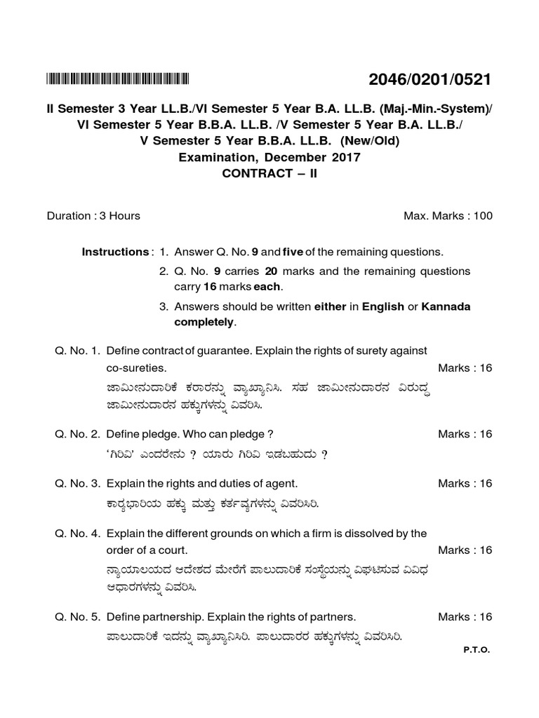 KSLU Previous Question Papers Few | PDF | Contract Law | Law Of Obligations