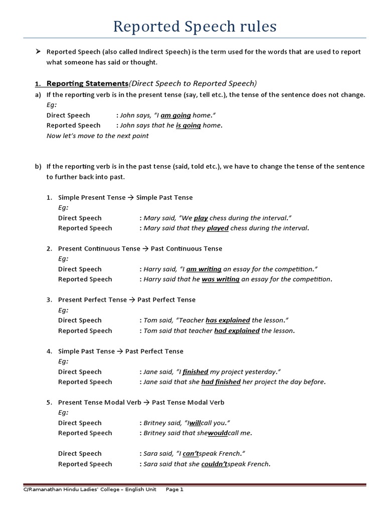 Rules and Examples of Reported Speech | PDF | Question | Grammatical Tense