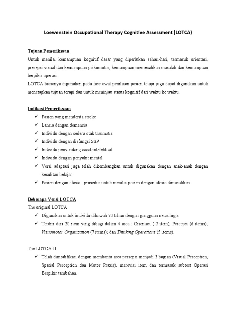LOTCA Loewenstein OT Cognitive Ass | PDF