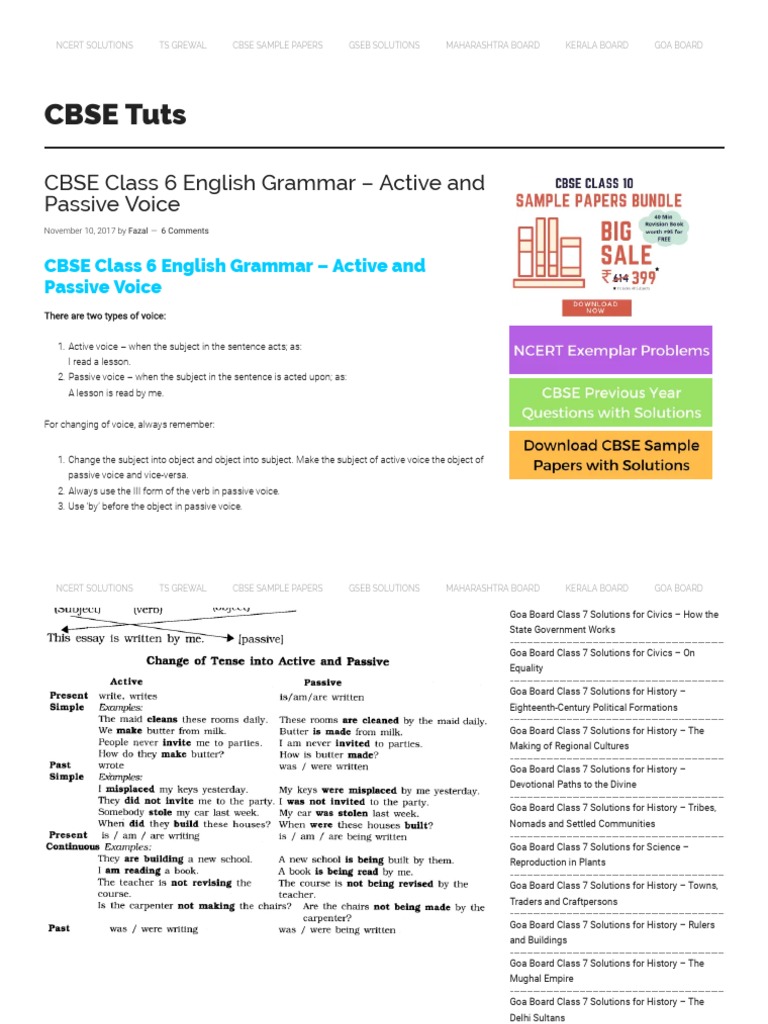 CBSE Class 6 English Grammar - Active and Passive Voice - CBSE Tuts | PDF