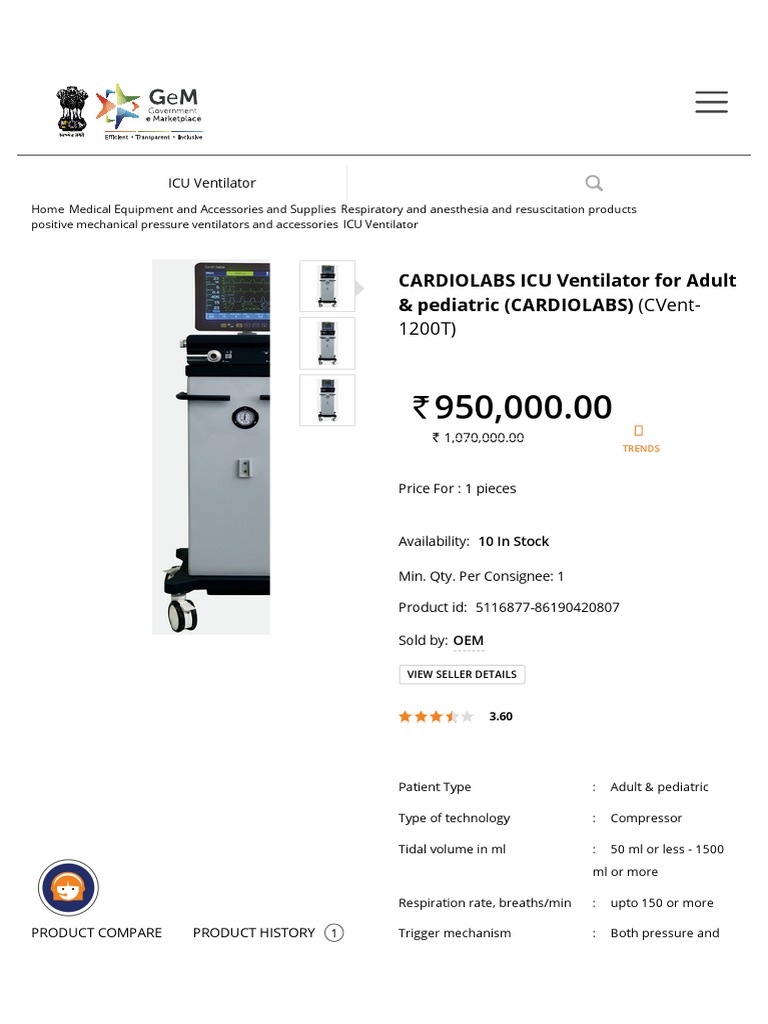 CARDIOLABS ICU Ventilator For Adult & Pediatric Online - GeM - 950000 ...
