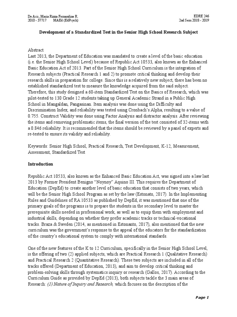 Standardized Test Development for SHS Research | PDF | Test (Assessment ...