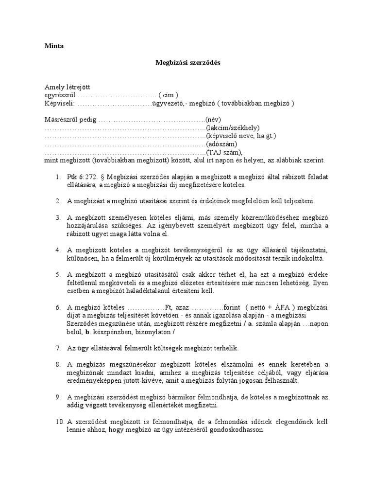 Megbizasi Szerzodes Minta