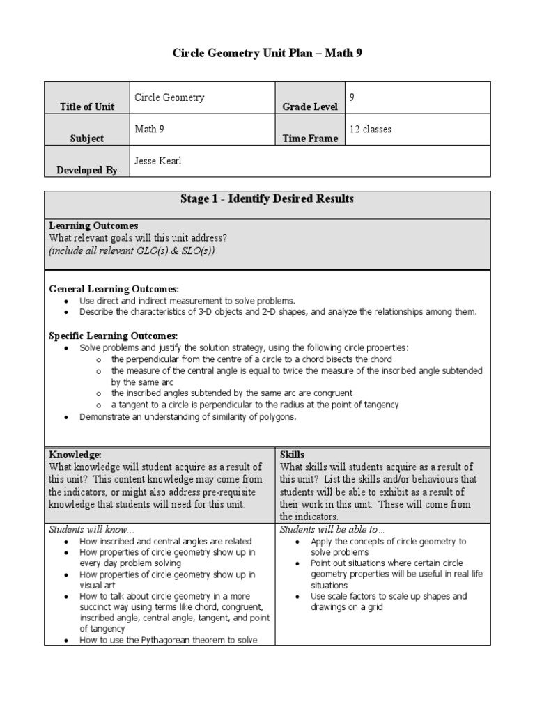 Grade 9 Circle Geometry Unit Plan | PDF | Circle | Perpendicular