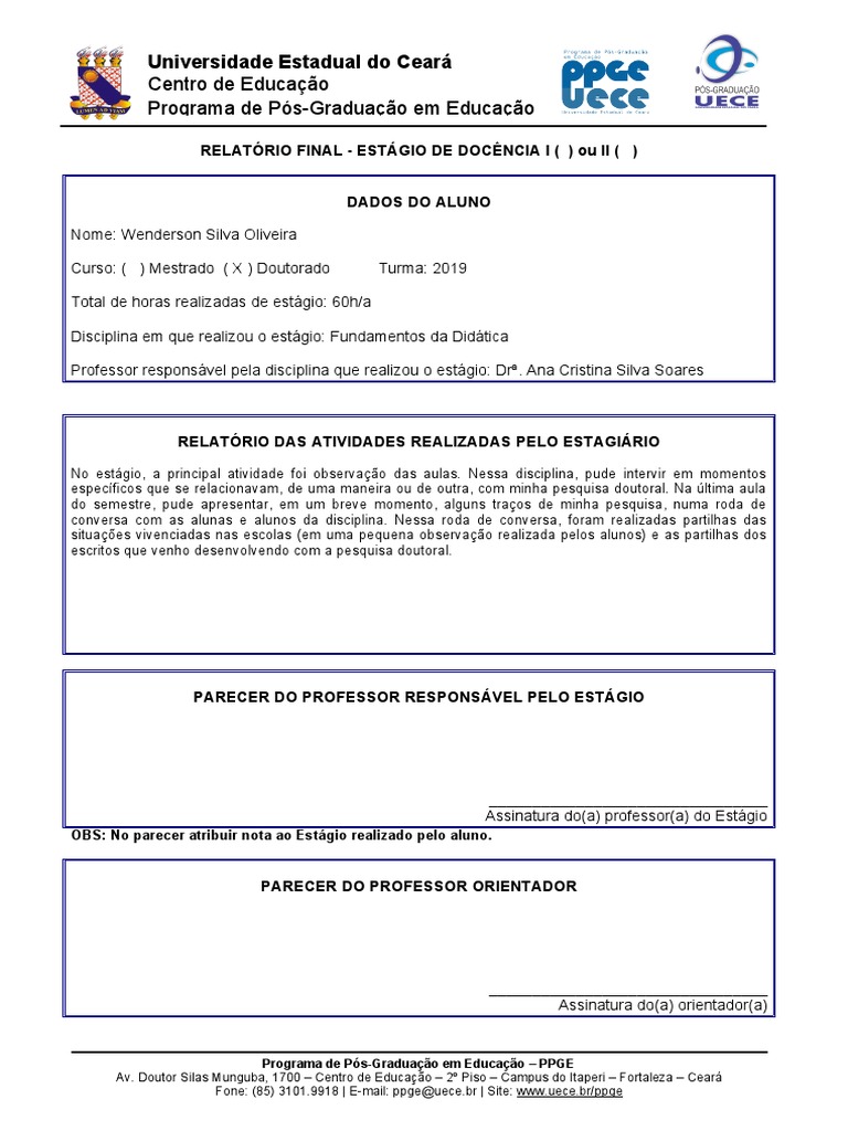 Modelo Do Relatorio de Estagio de Docencia PPGE | PDF | Pós-graduação ...
