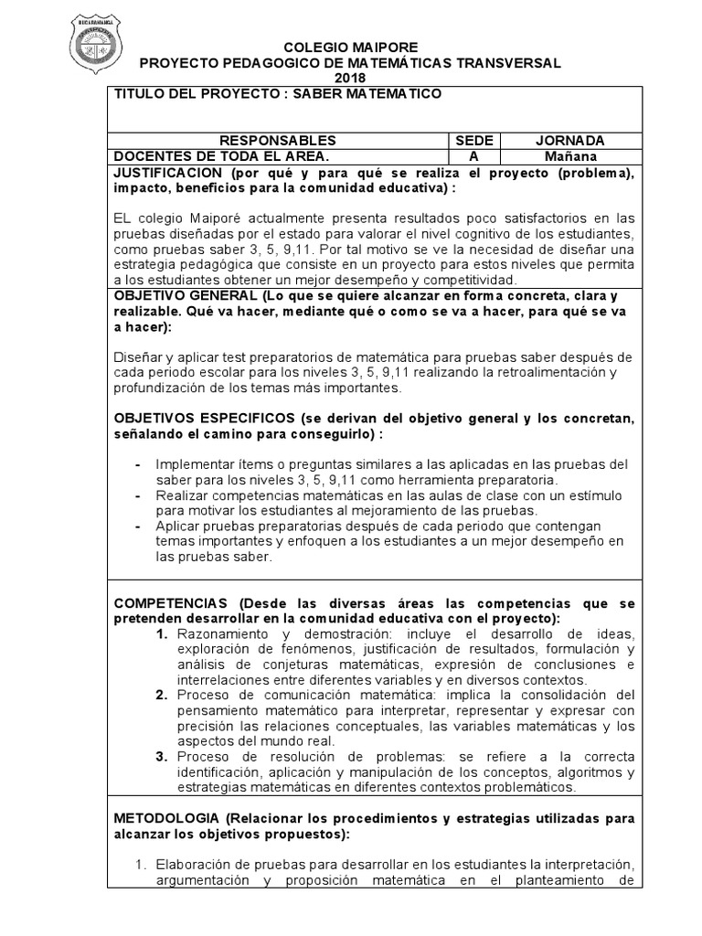 Proyecto Transversal Pdf Enseñanza De Matemática Diseño