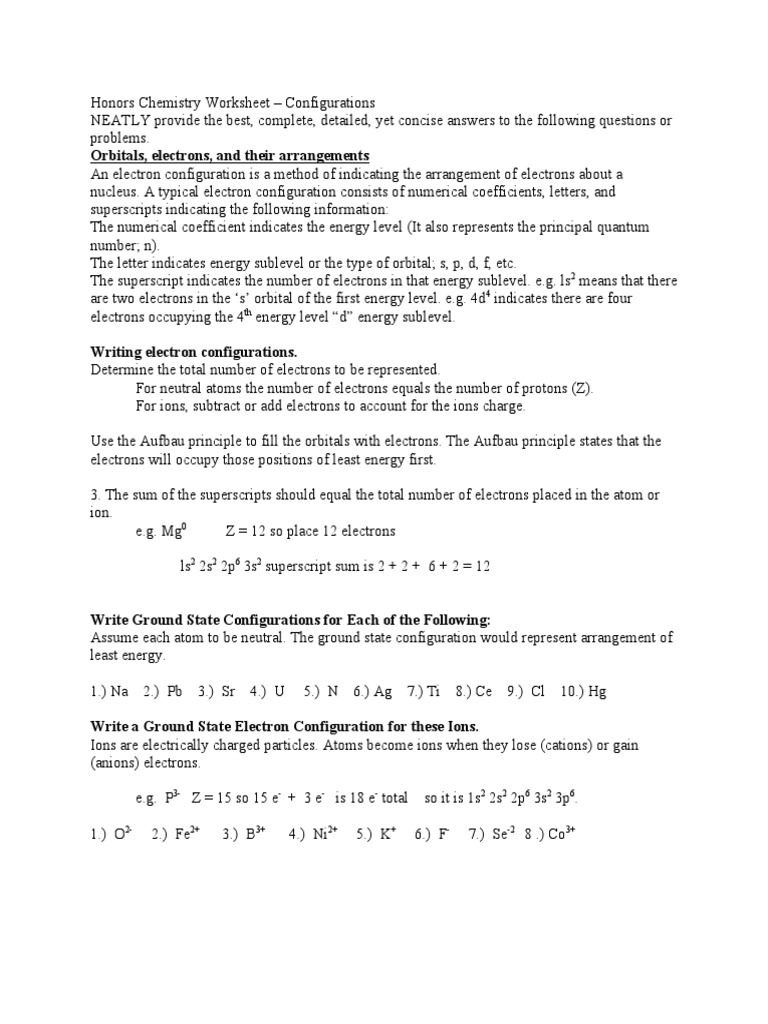 Honors Chemistry Electron Configurations | PDF | Electron Configuration ...
