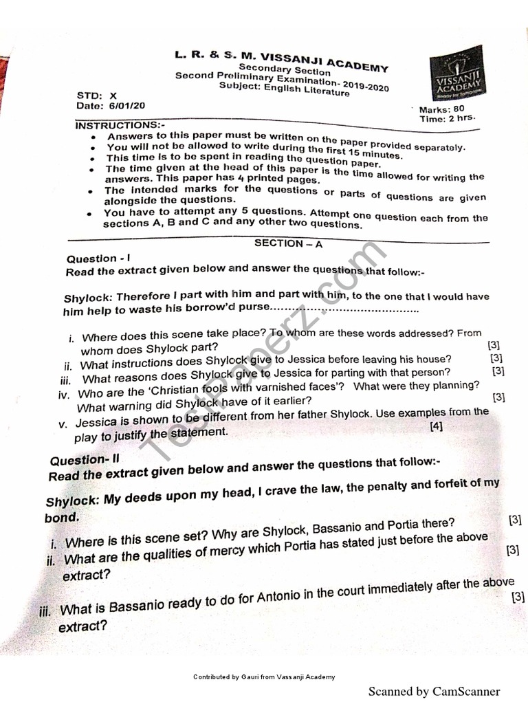 Vissanji Academy ICSE10 Second Prelim Eng Literature 2020 PDF | PDF