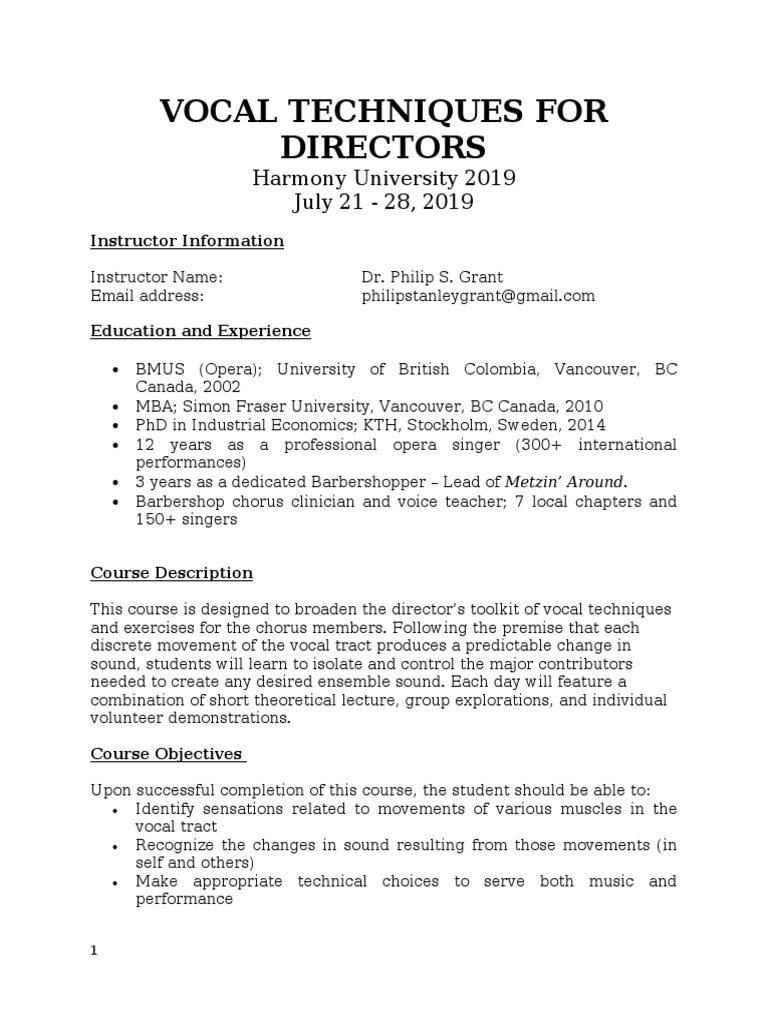 Vocal Techniques For Directors Syllabus | PDF | Vocal Pedagogy | Singing Vocal Techniques For Directors Syllabus | PDF | Vocal Pedagogy | Singing