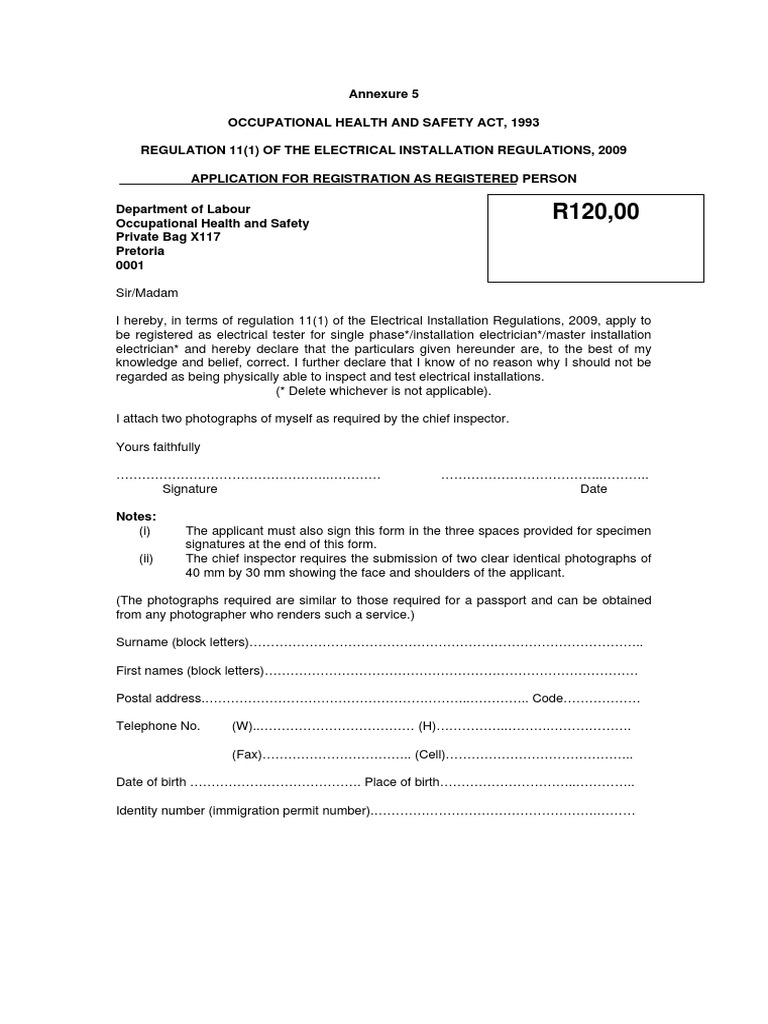 Application Form As Registered Person Electrical Installation ...